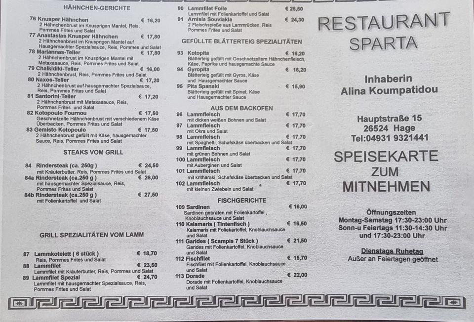 Speisekarte von Restaurant Sparta, Hage