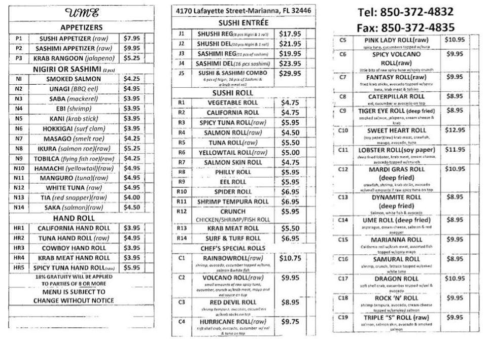 Menu at UME Japanese and Chinese Restaurant, Marianna