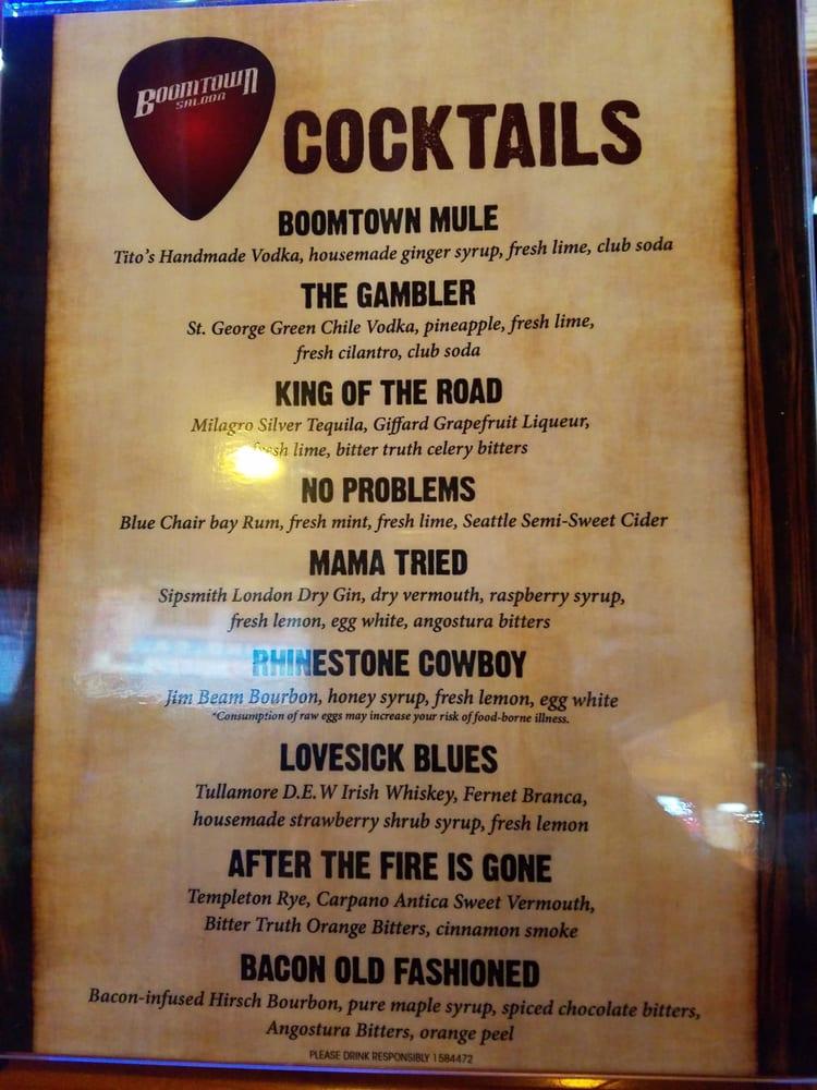 Menu at Boomtown Saloon Country Bar, Lake Delton