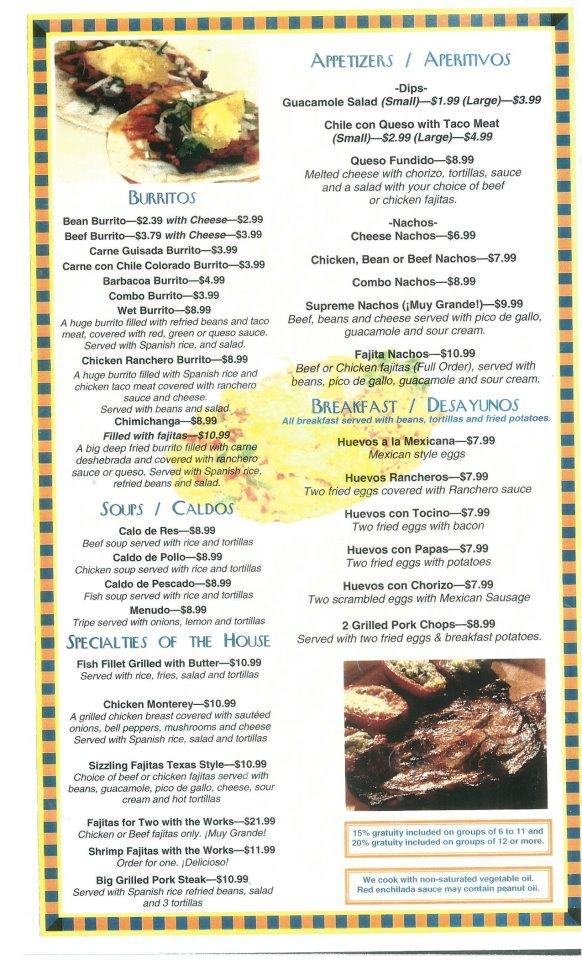 Menu at El Patio restaurant, Canyon
