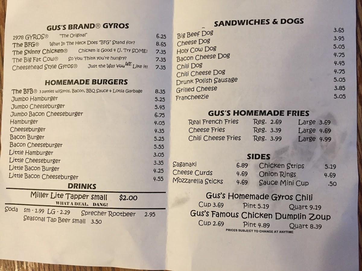 Menu at Gus's Gyros restaurant, Racine
