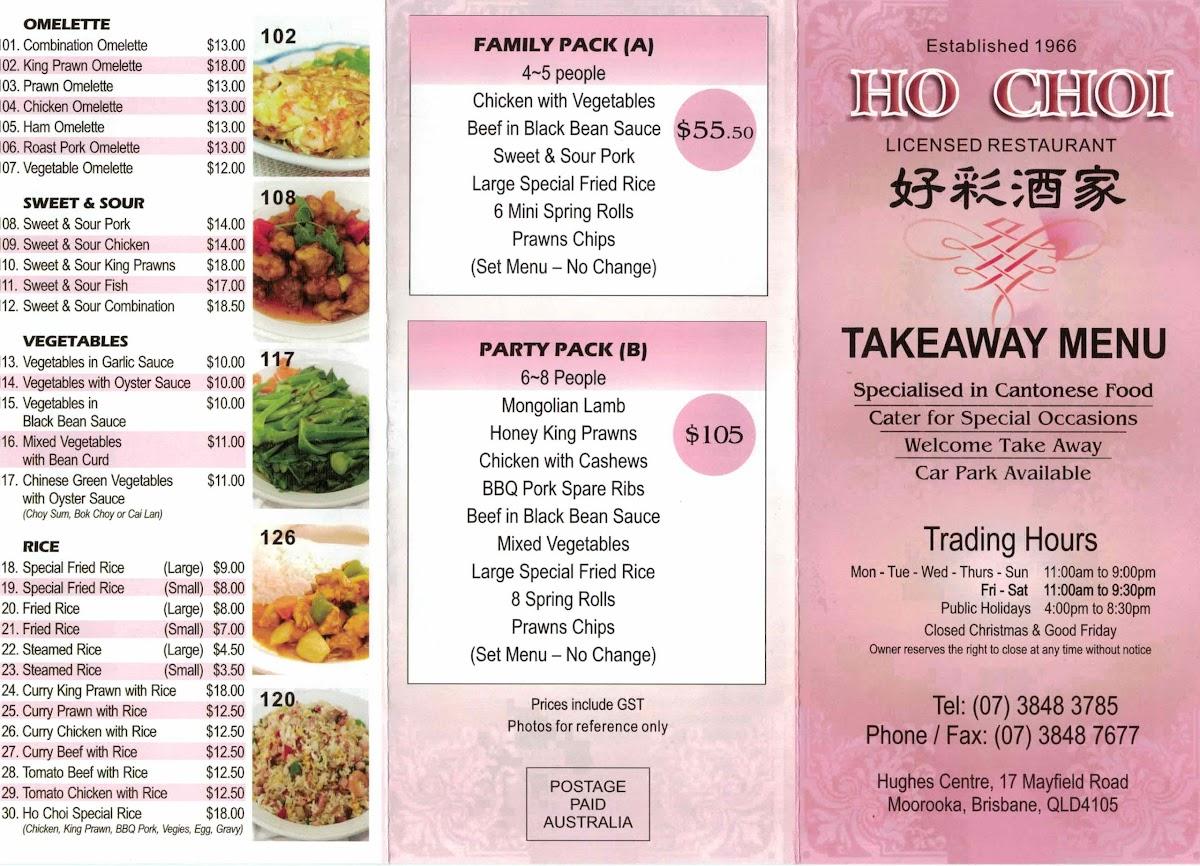 Menu at Ho Choi restaurant, Moorooka