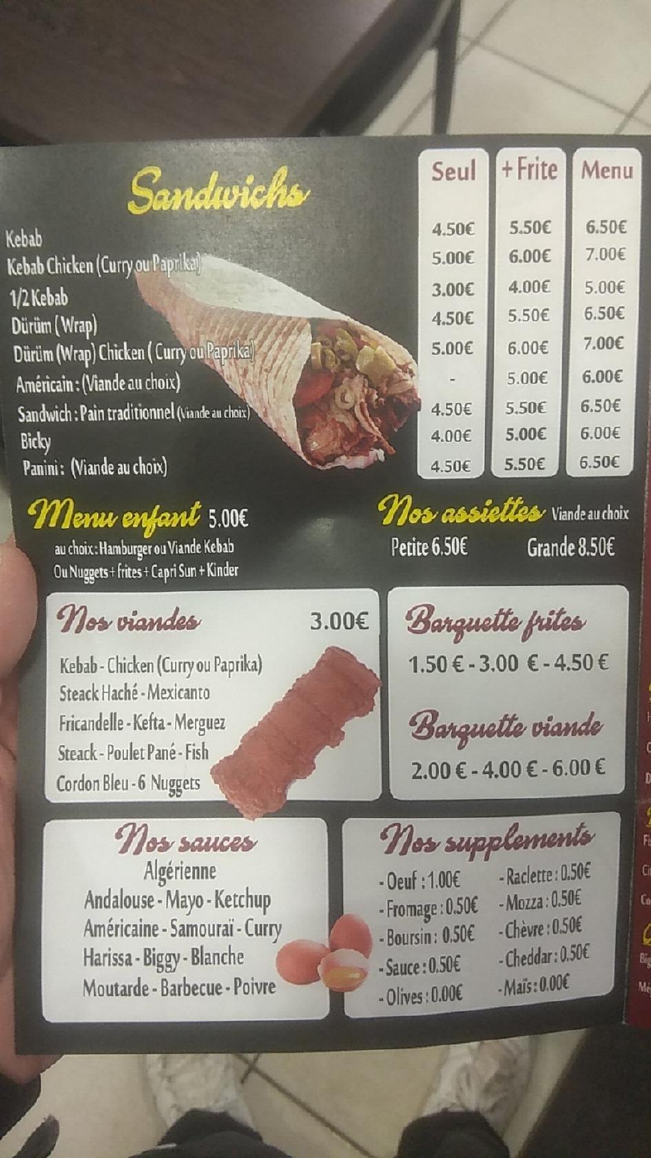 Menu au Kebab City restaurant, Sedan