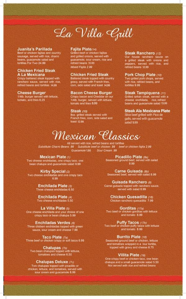 Menu at La Villa Mexican Restaurant, Kirby, Ackerman Rd
