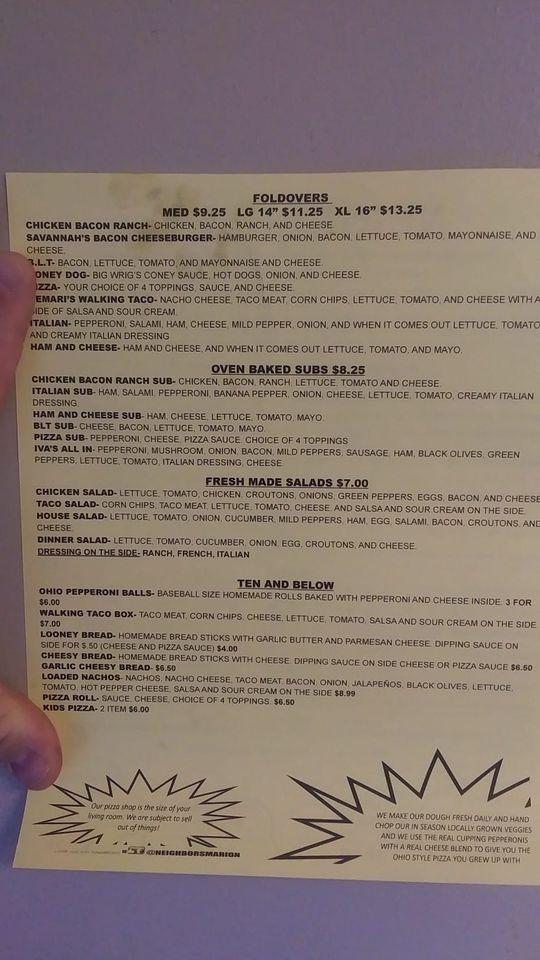 Menu at Neighbors Pizza pizzeria, Marion
