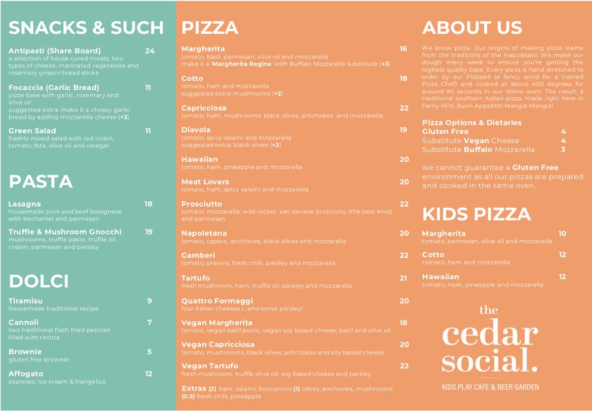 Menu at The Cedar Social pizzeria, Ferny Hills