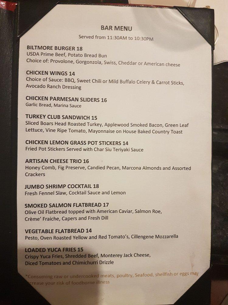 Menu at Biltmore Hotel Miami Coral Gables pub & bar, Coral Gables