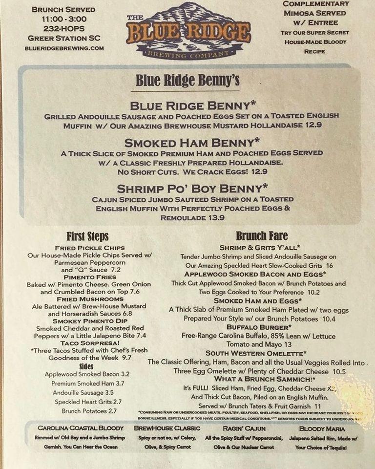 Menu at The Blue Ridge Brewing Company pub & bar, Greer
