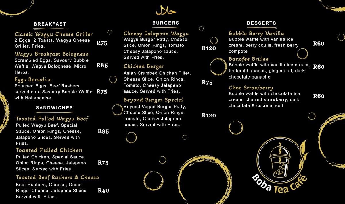 Menu au Boba Tea Café, Benoni