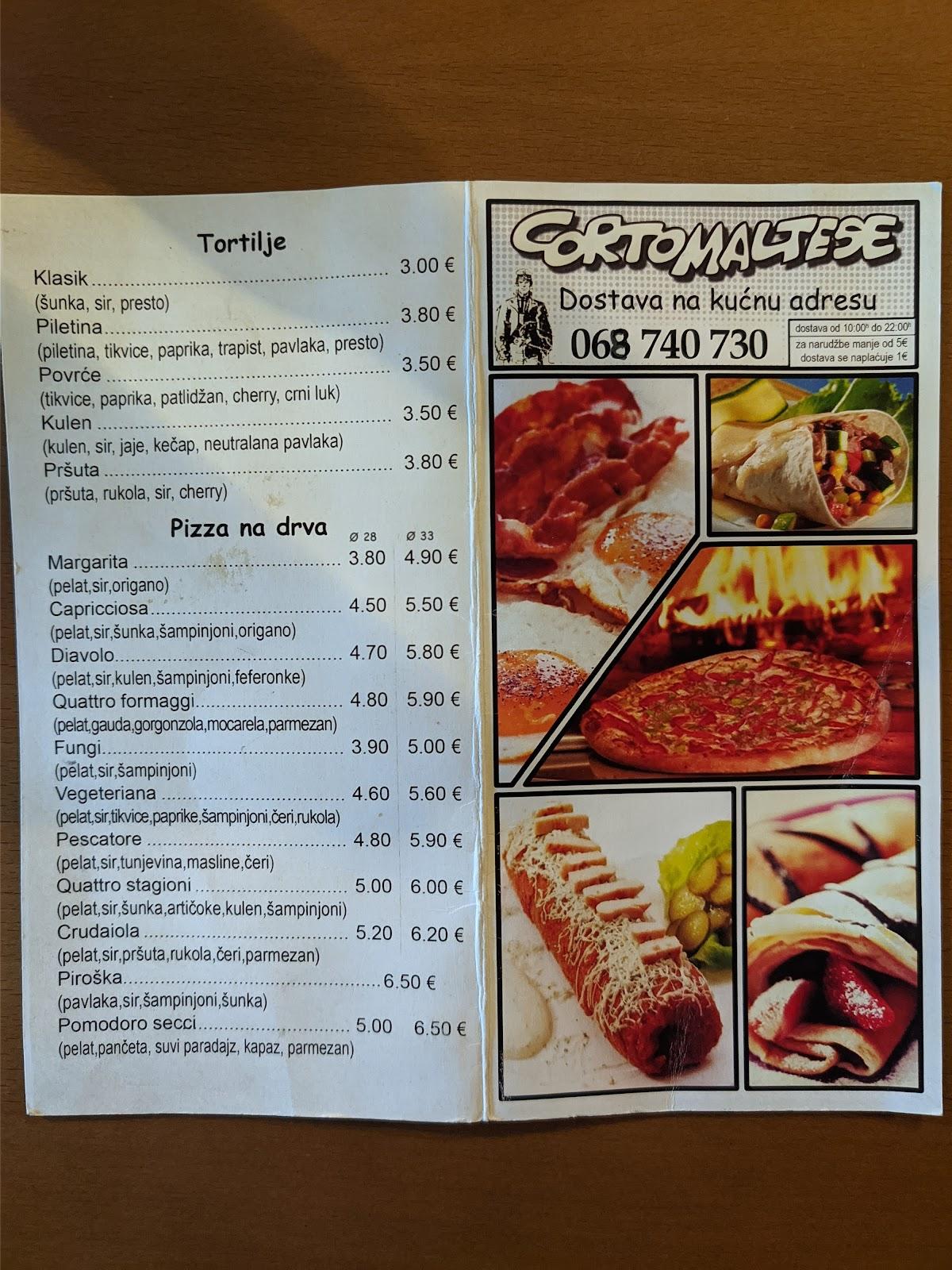 Menu at Corto Maltese restaurant, Podgorica