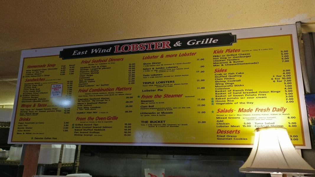 Menu at East Wind Lobster and Grille restaurant, Bourne