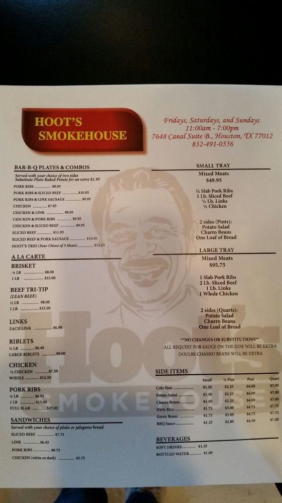 Menu at Hoot's Smokehouse BBQ, Houston