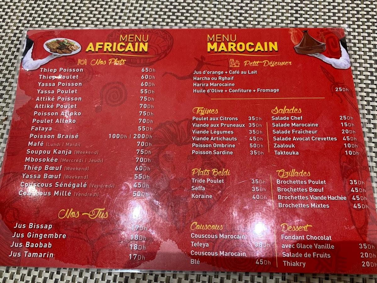 Menu at Le Dèlice Africain restaurant, Rabat