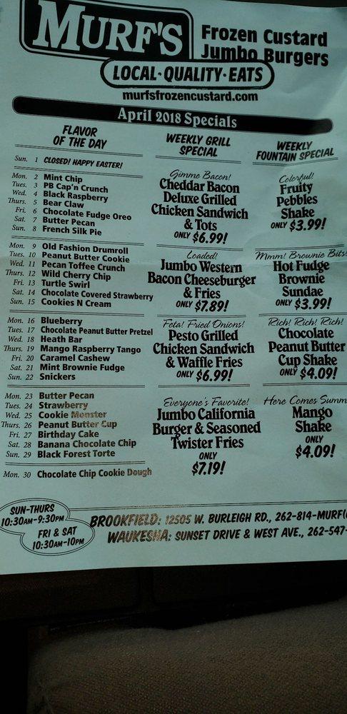 Menu at Murf's Frozen Custard & Jumbo Burgers restaurant, Brookfield