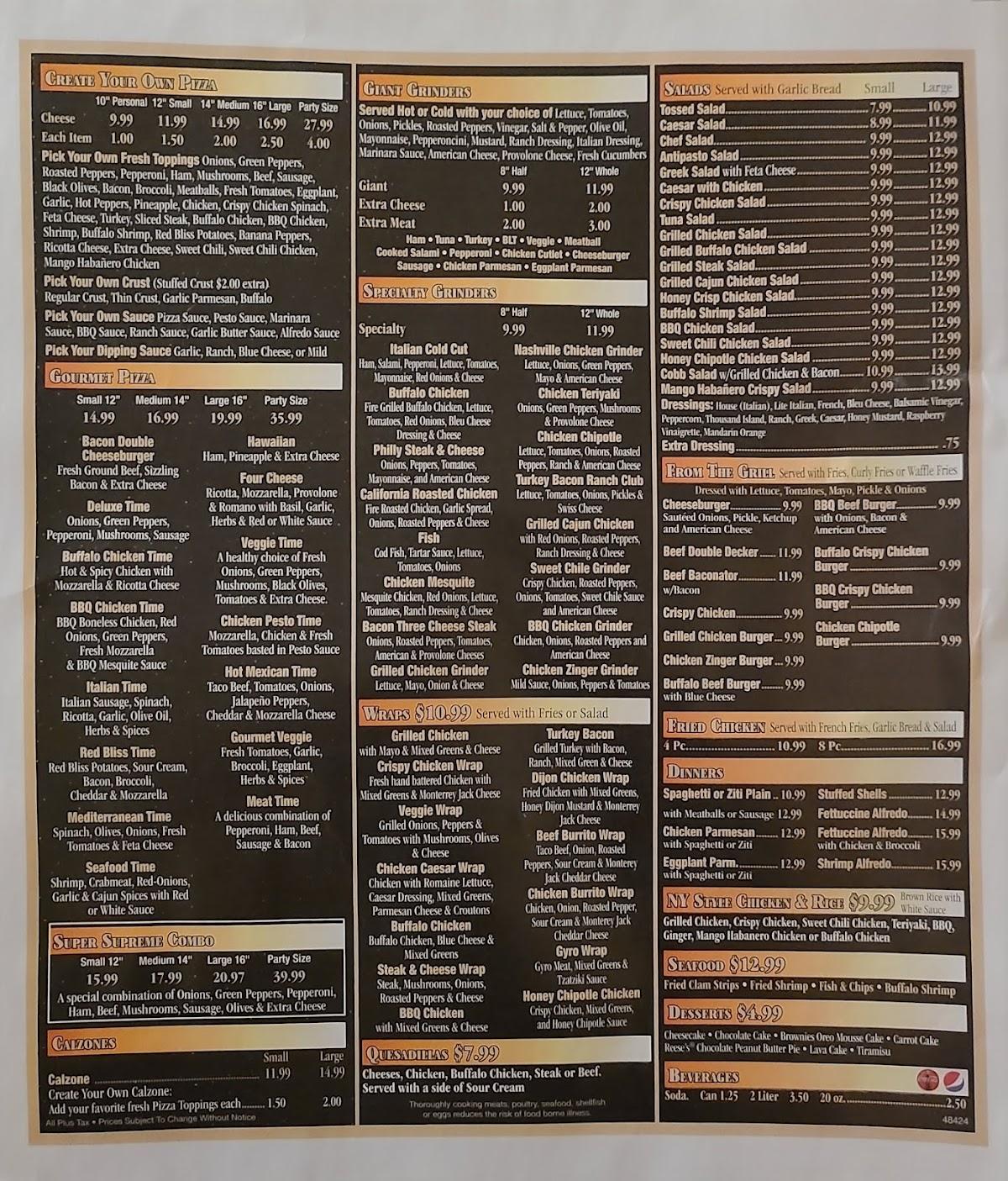 Menu at Pizza Time restaurant, Windsor Locks, 20 Main St