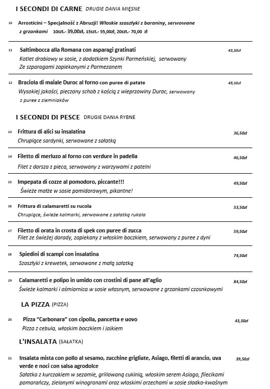 Menu at Ristorante Tesoro restaurant, Sopot