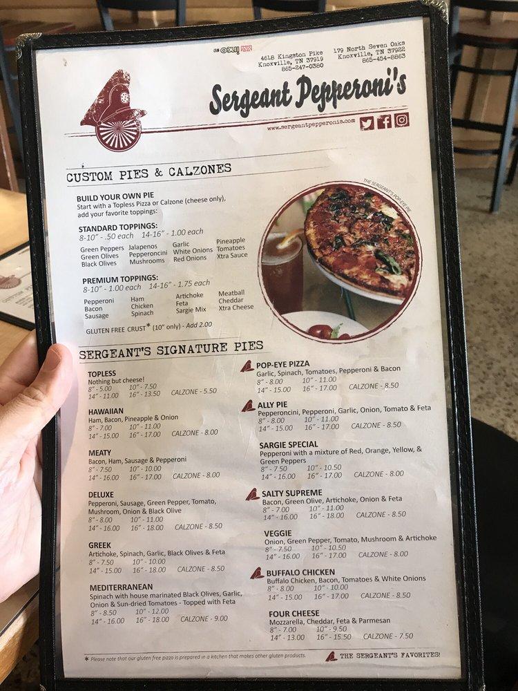 Menu at Sergeant Pepperoni's Pizzeria - Bearden, Knoxville, Kingston Pike