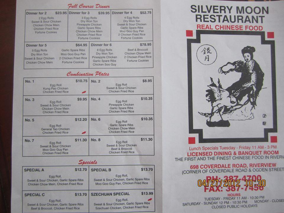 Menu at Silvery Moon restaurant, Riverview