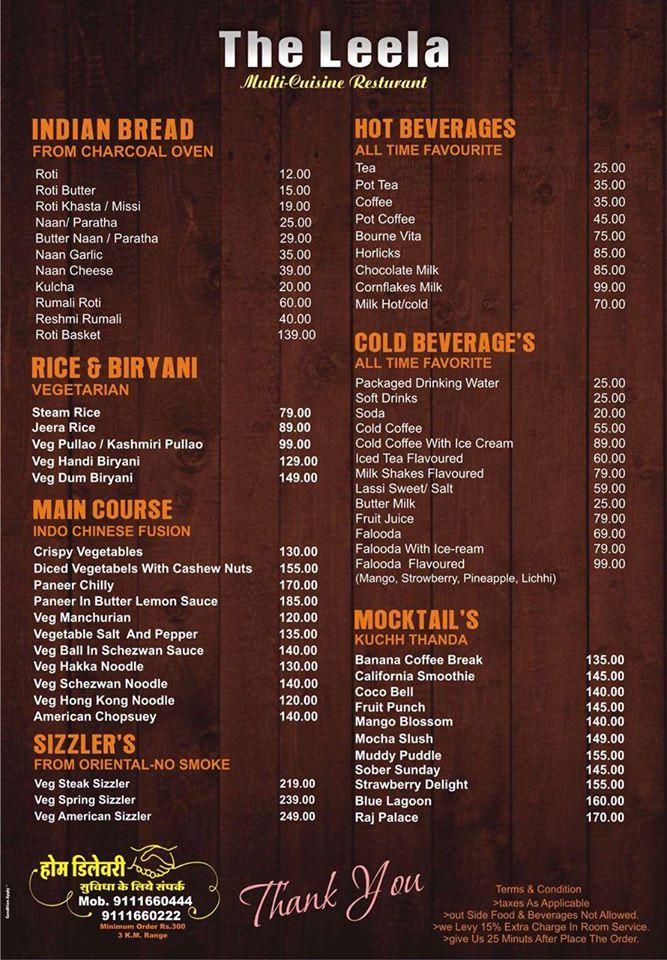 Menu at The Lela Multi-cuisine Restaurant - Raj Palace, Shivpuri