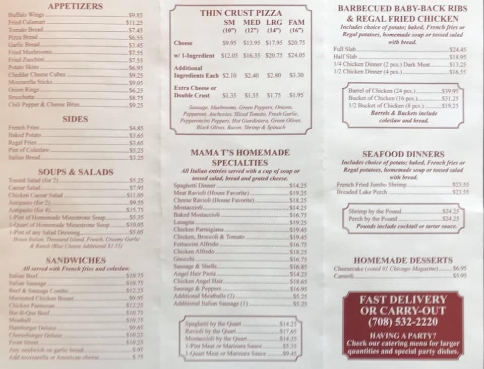 Menu at Traverso's Restaurant, Orland Park