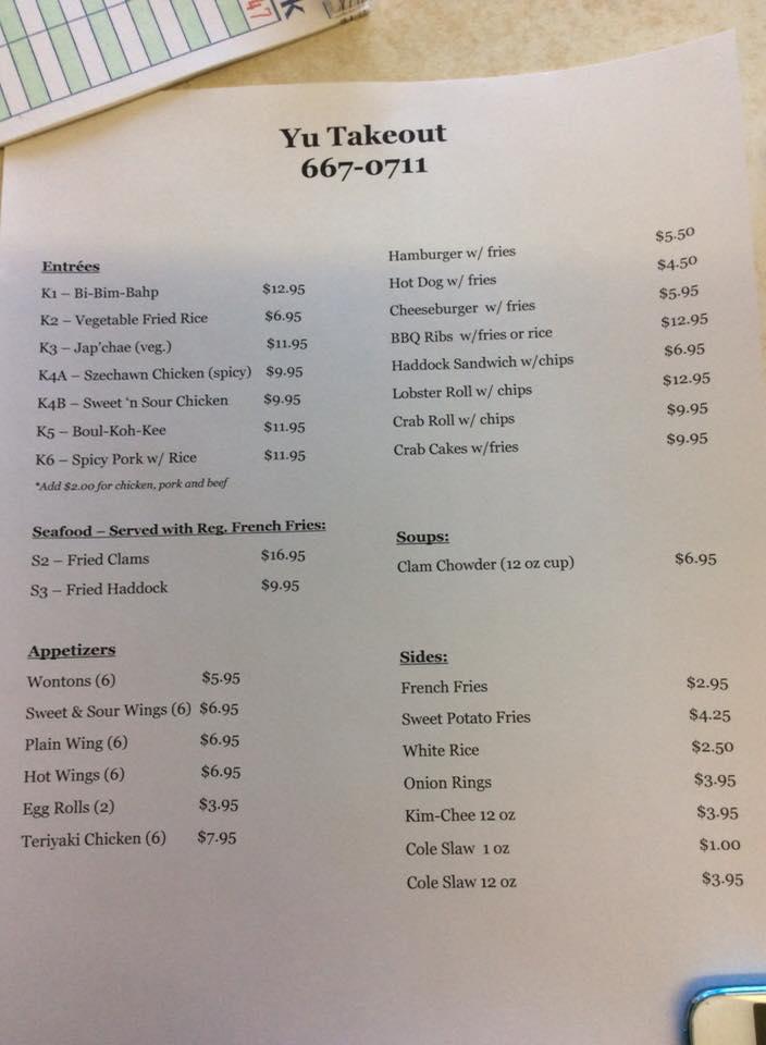 Menu at YU Take Out fast food, Hancock, 674 US-1