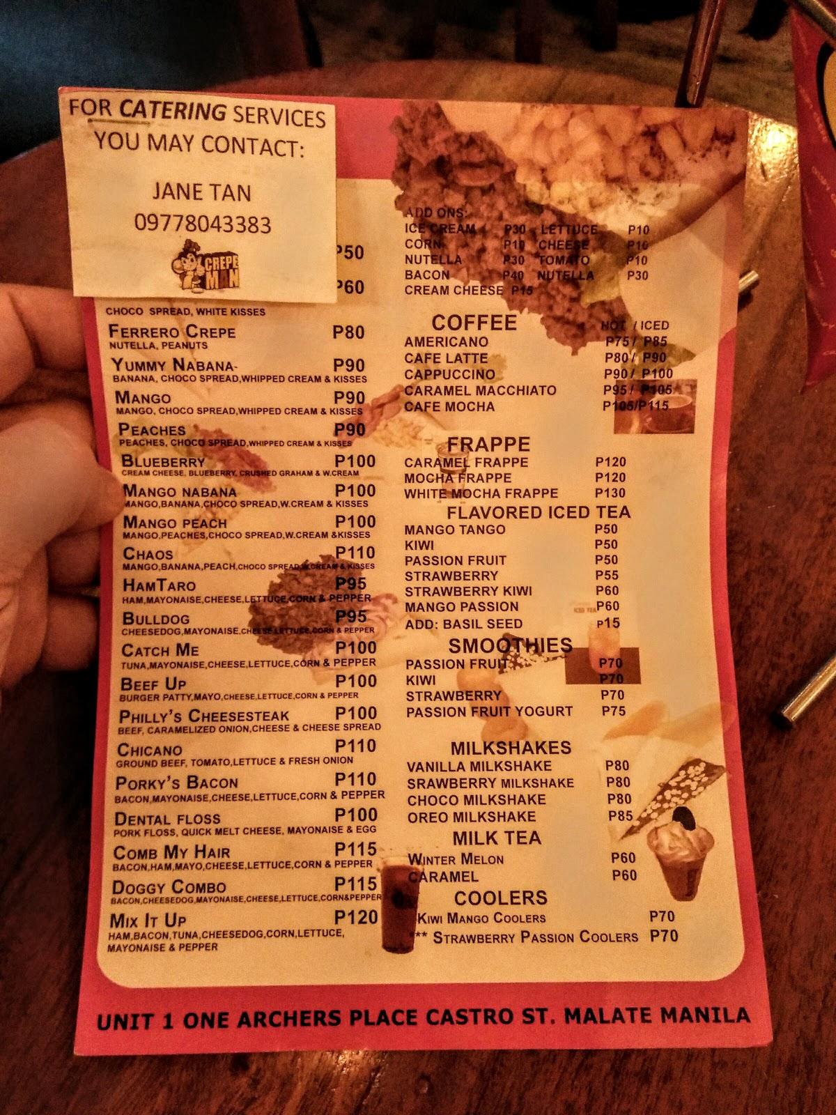 Menu at Crepeman Cafe, Manila, Unit 1 One Archers Place