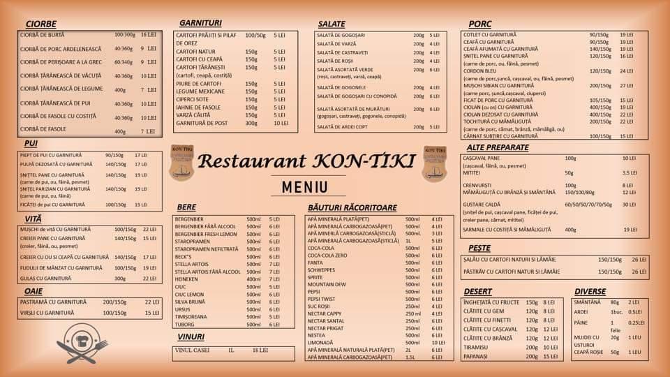 Menu at Kon Tiki, Sibiu