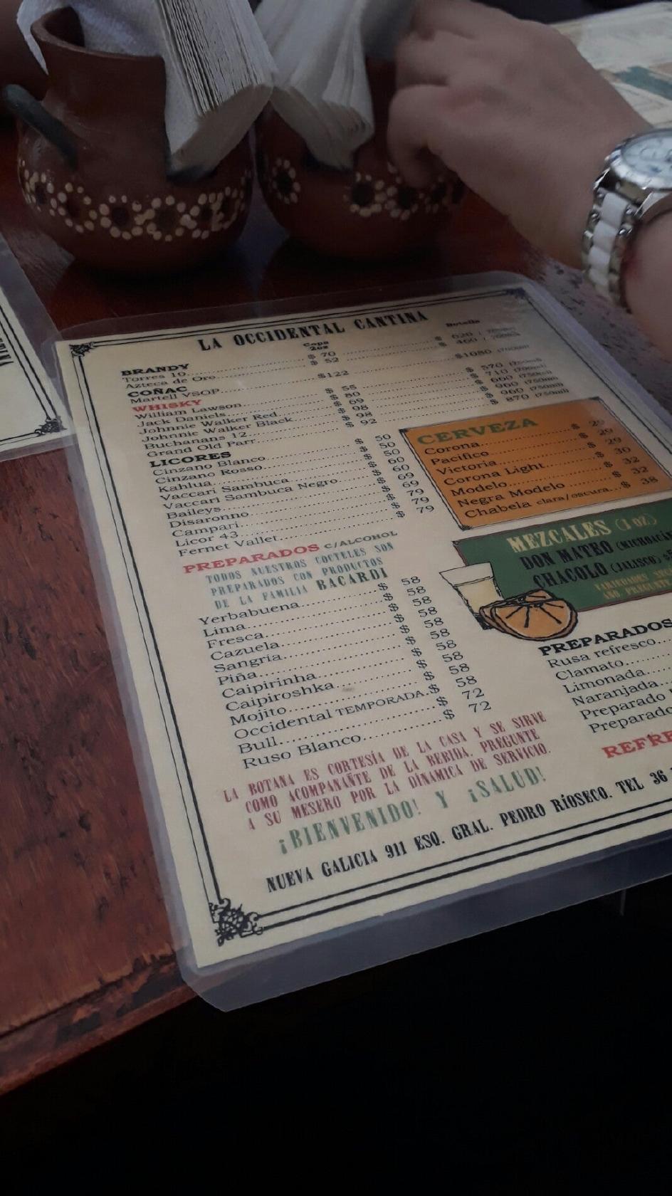 Carta del pub y bar Cantina La Occidental, Guadalajara