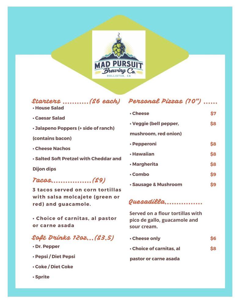 Menu at Mad Pursuit Brewing Company, Hollister