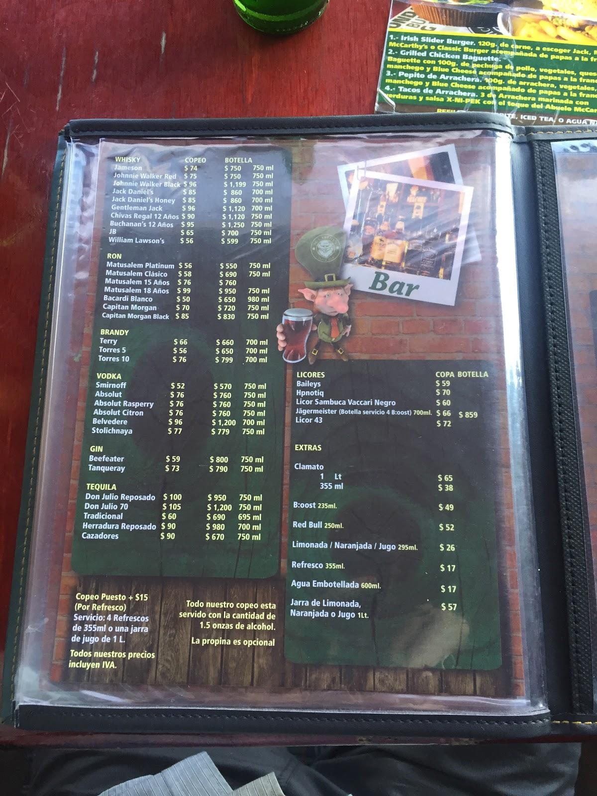 Carta de McCarthy's Irish Pub, Tehuacán