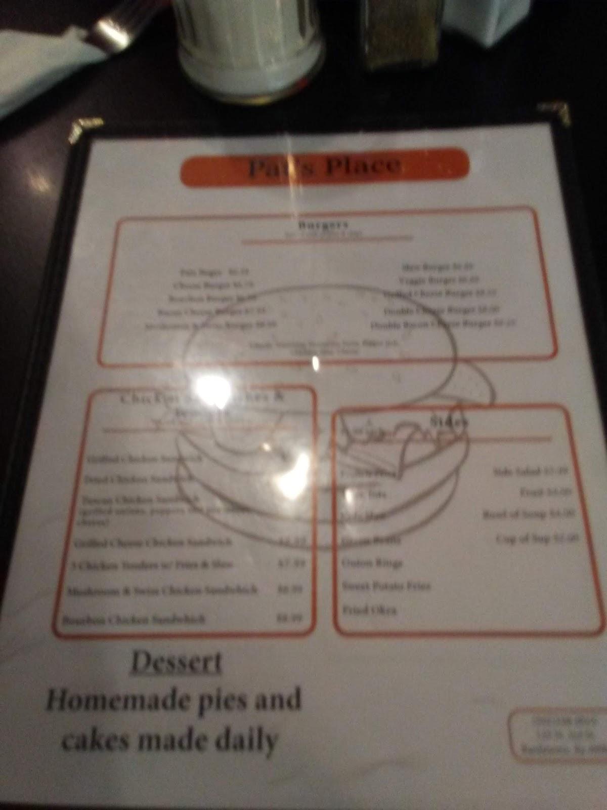 Menu at Pat's Place restaurant, Bardstown