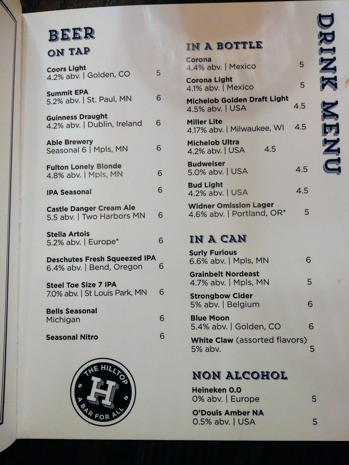 Menu at The Hilltop pub & bar, Edina, Arcadia Ave