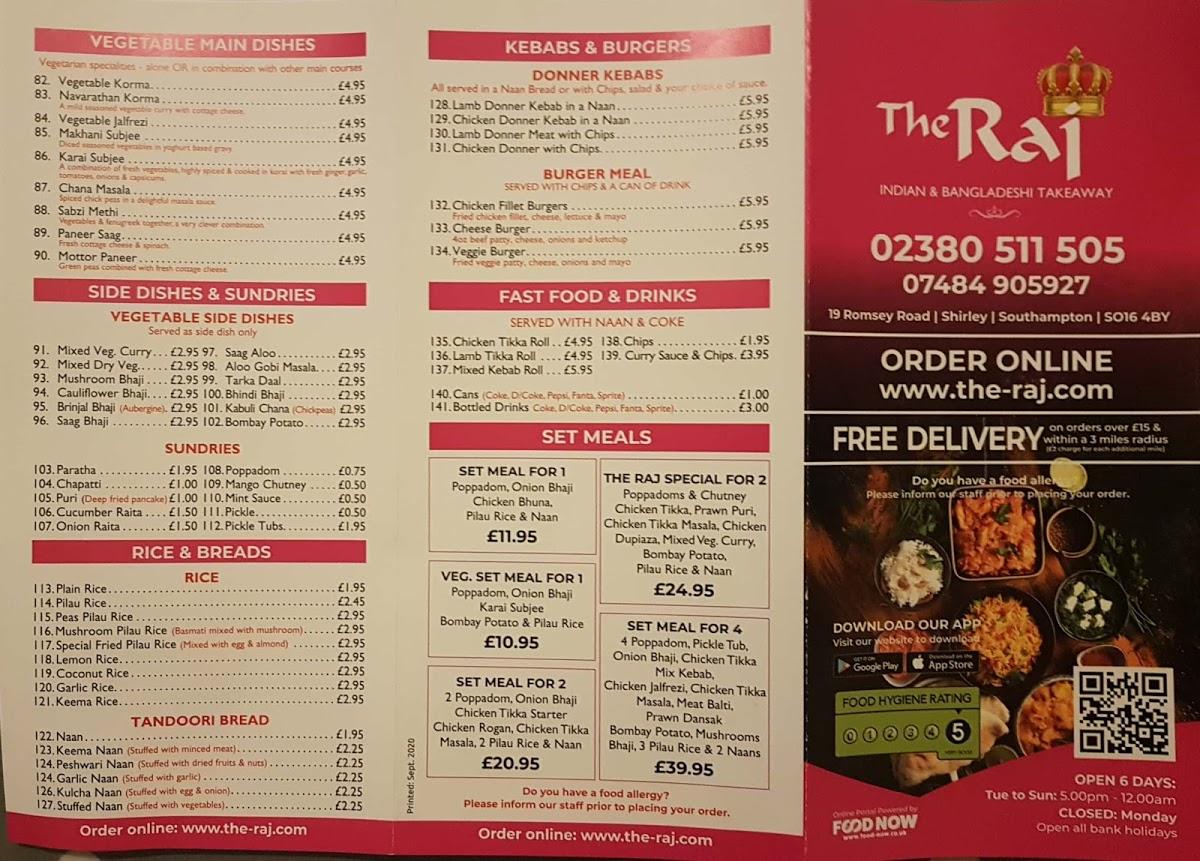 Menu at The Raj restaurant, Southampton