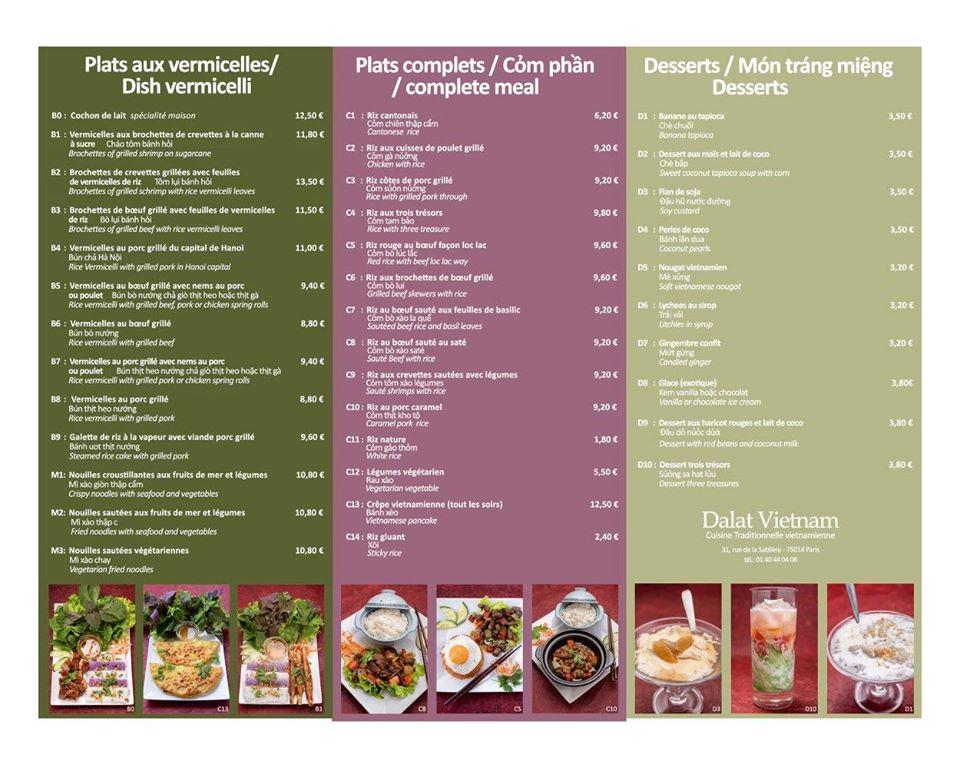 Menu au Dalat restaurant, Paris, 31 rue de la Sablière