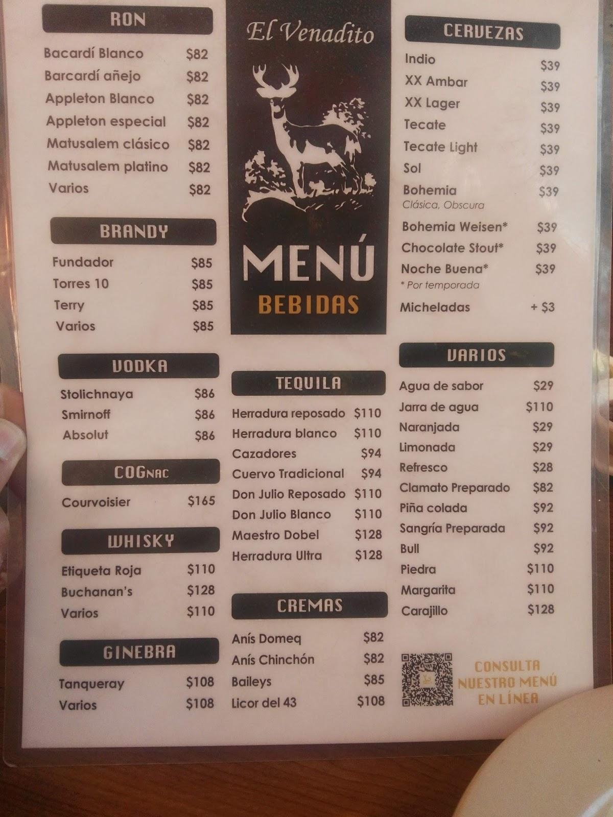 Menu at El Venadito restaurant, Mexico City, Av. Universidad 1701