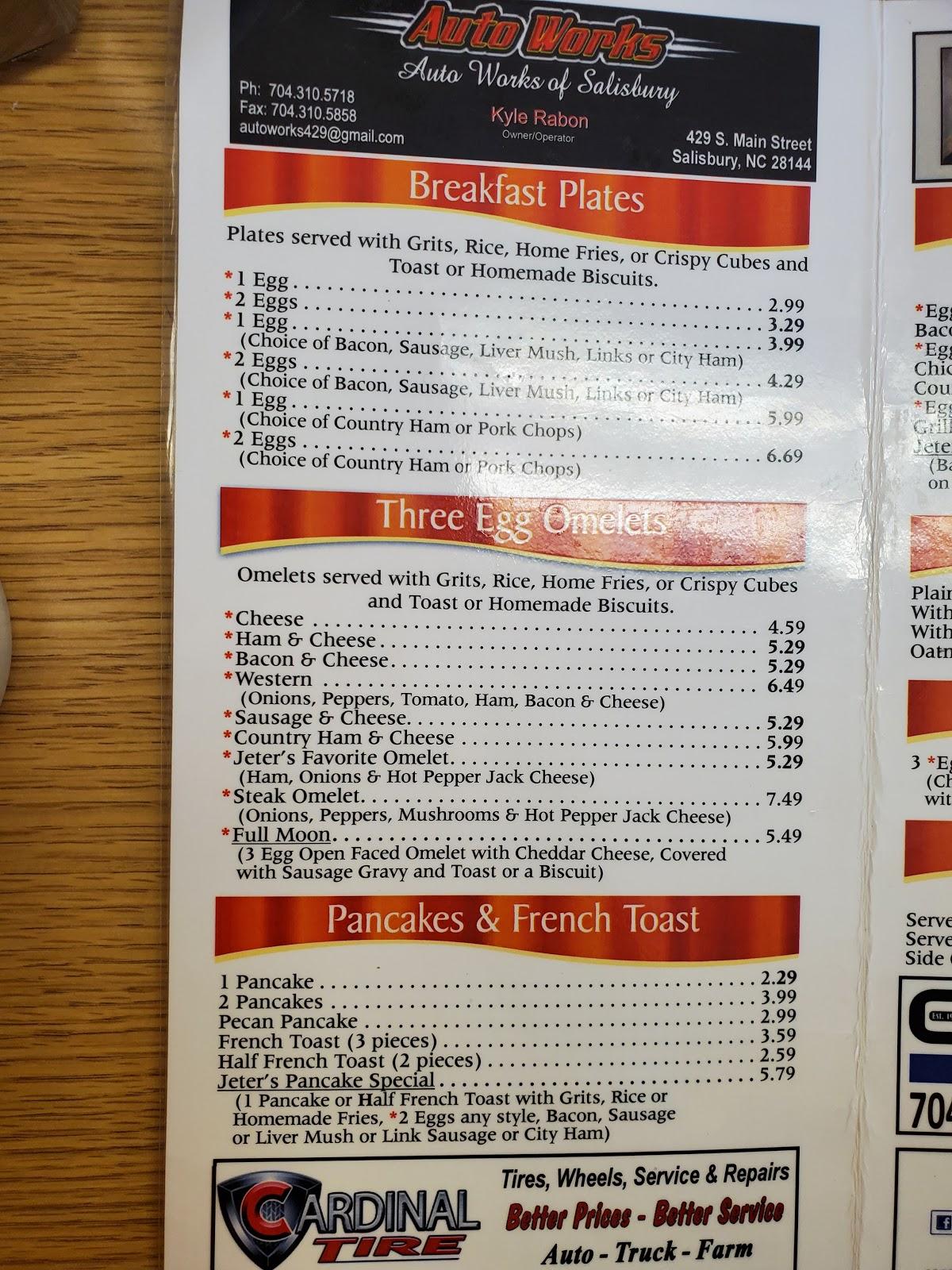 Menu at Jeter's Deli Cafe, Salisbury