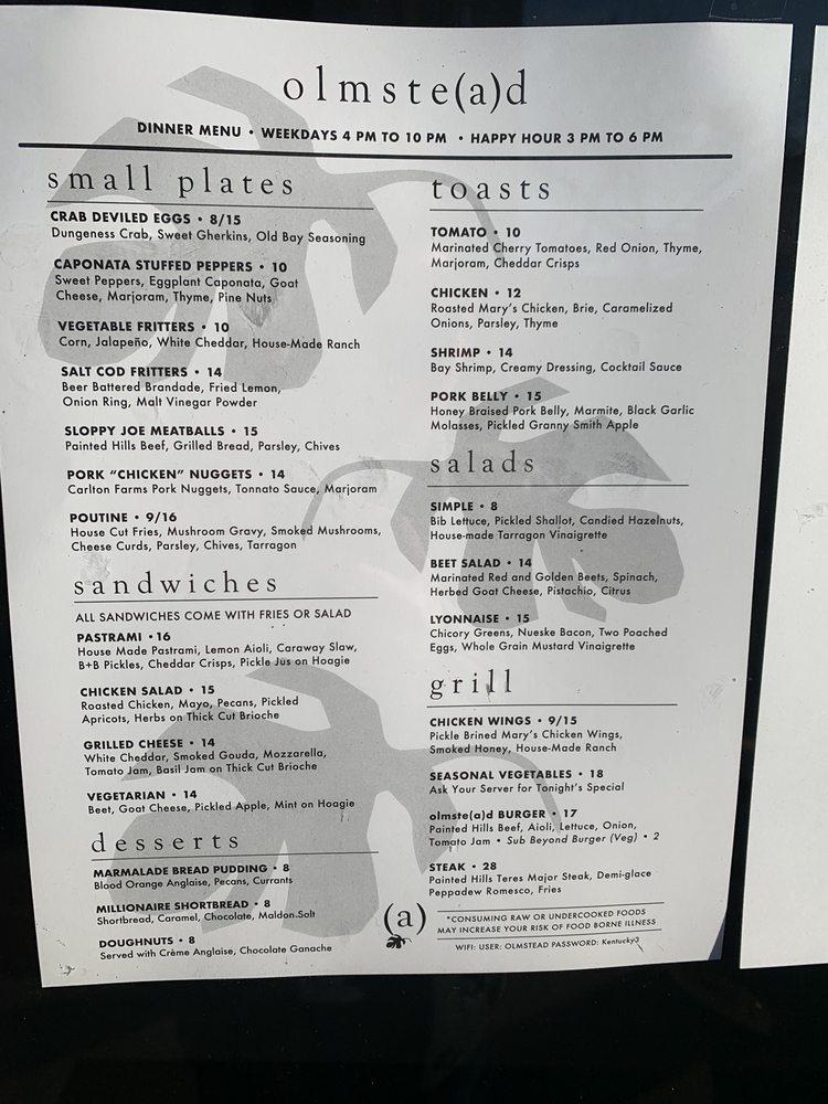 Menu at Olmstead pub & bar, Seattle