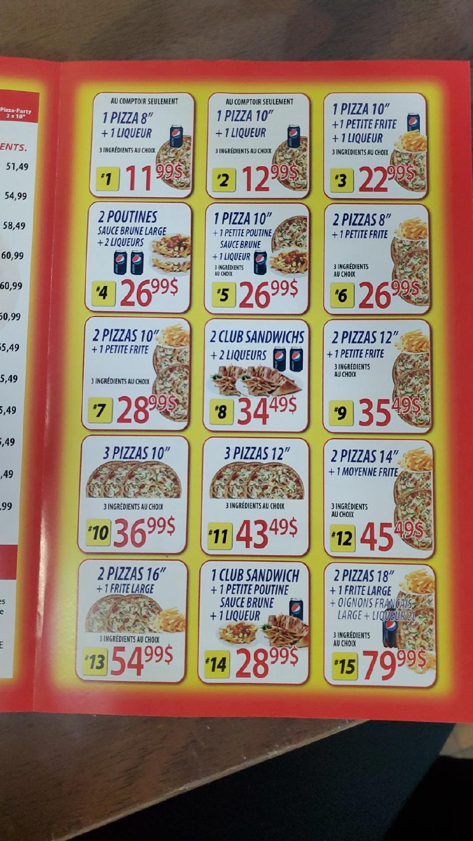 Menu au Pizza Rio pizzeria, Québec