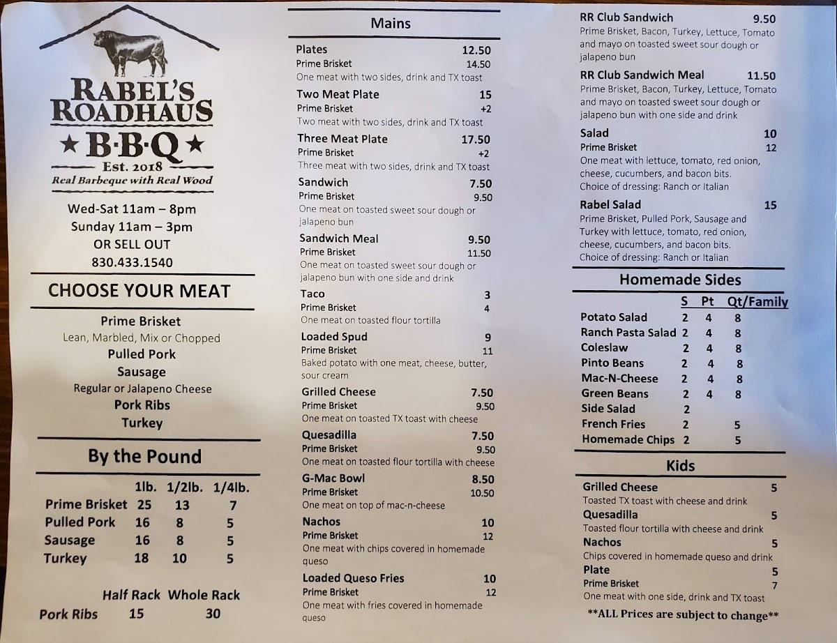 Menu at Rabel’s Roadhaus BBQ, New Berlin