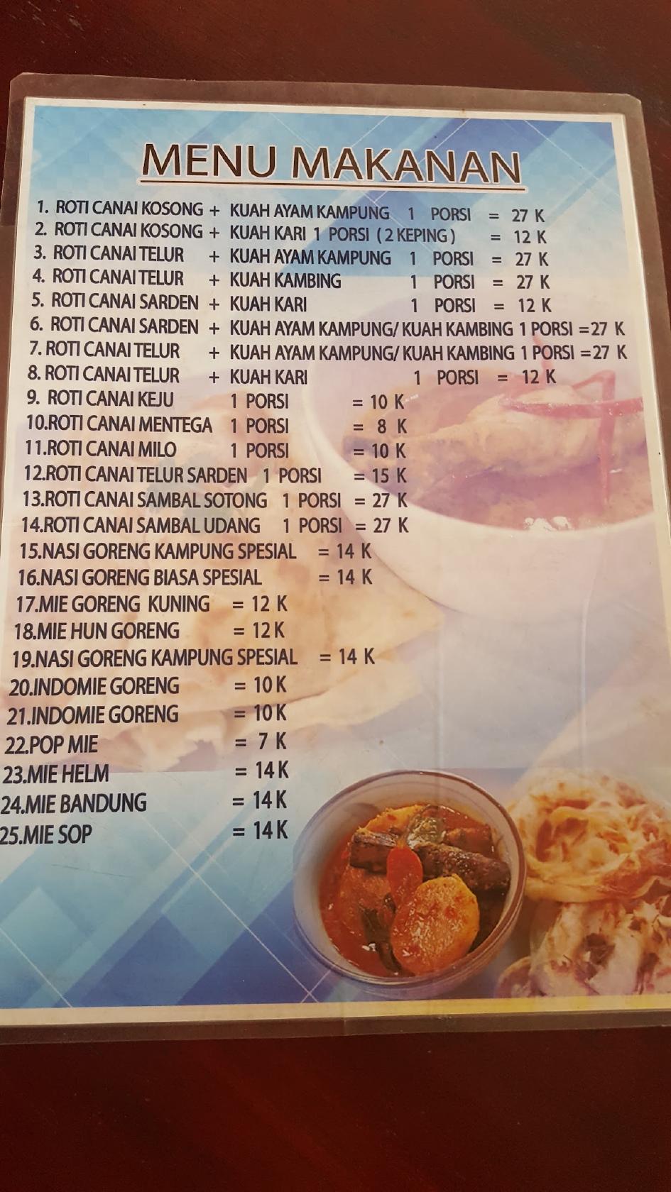 Carta del restaurante Roti Canai Malaysia, Dumai