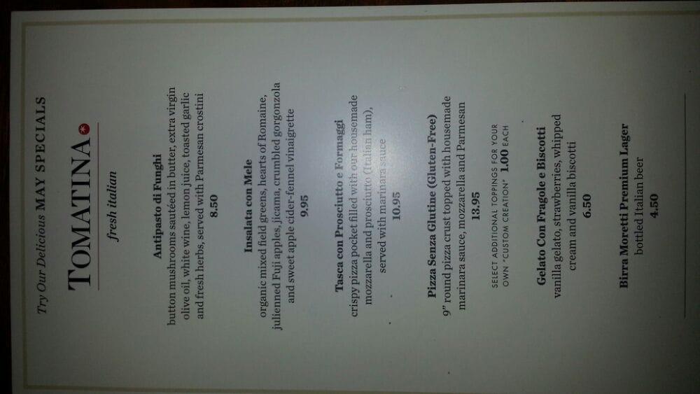 Menu at Tomatina pizzeria, Alameda
