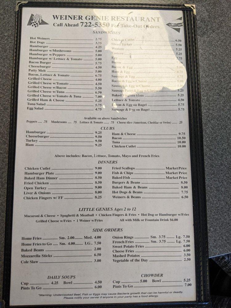 Menu at Weiner Genie restaurant, Lincoln