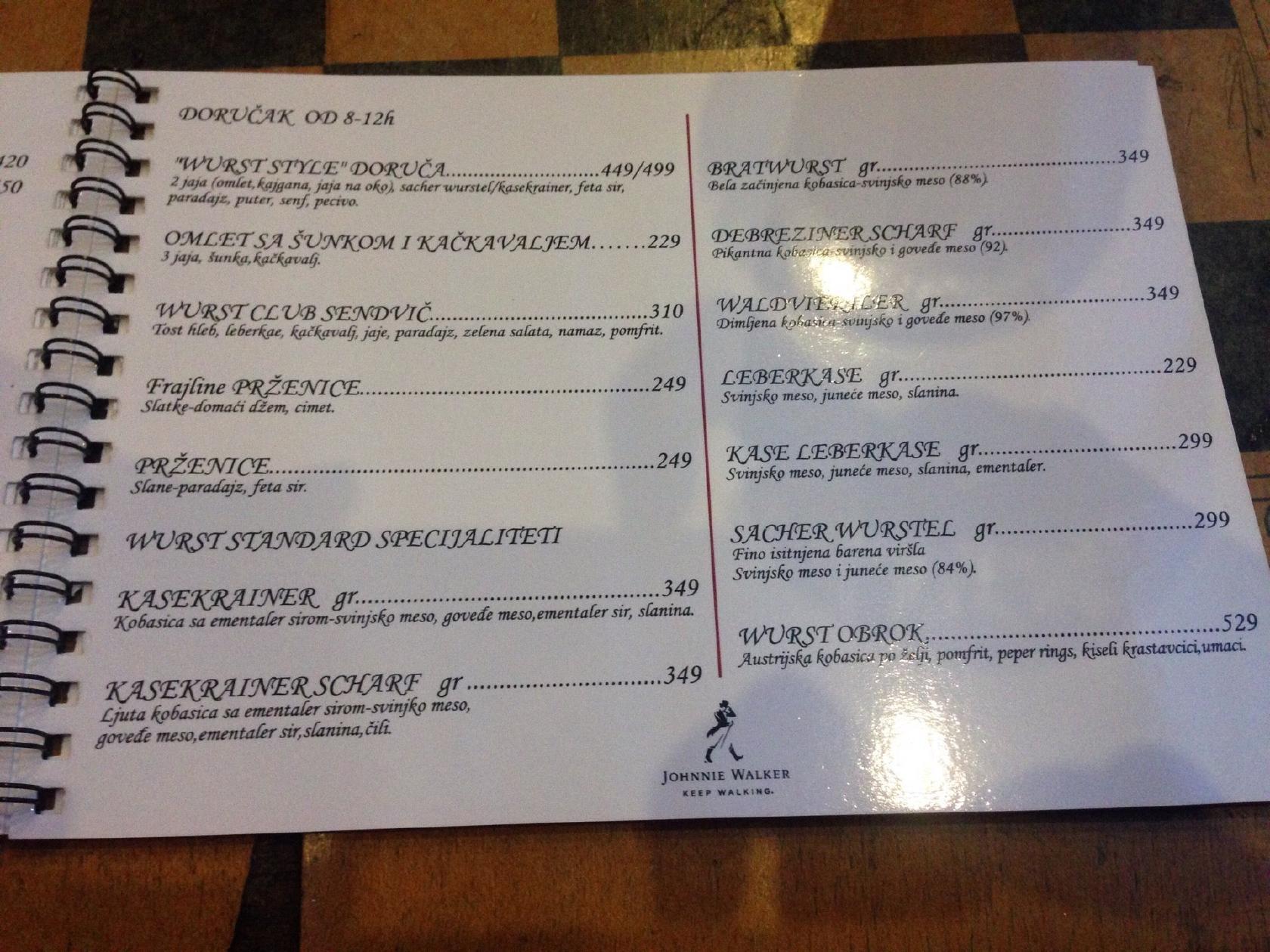 Menu at Wurst Platz Bar, Belgrade, Makedonska 4