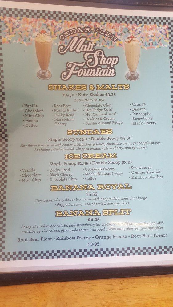 Menu at Cedar Glen Malt Shop restaurant, Lake Arrowhead