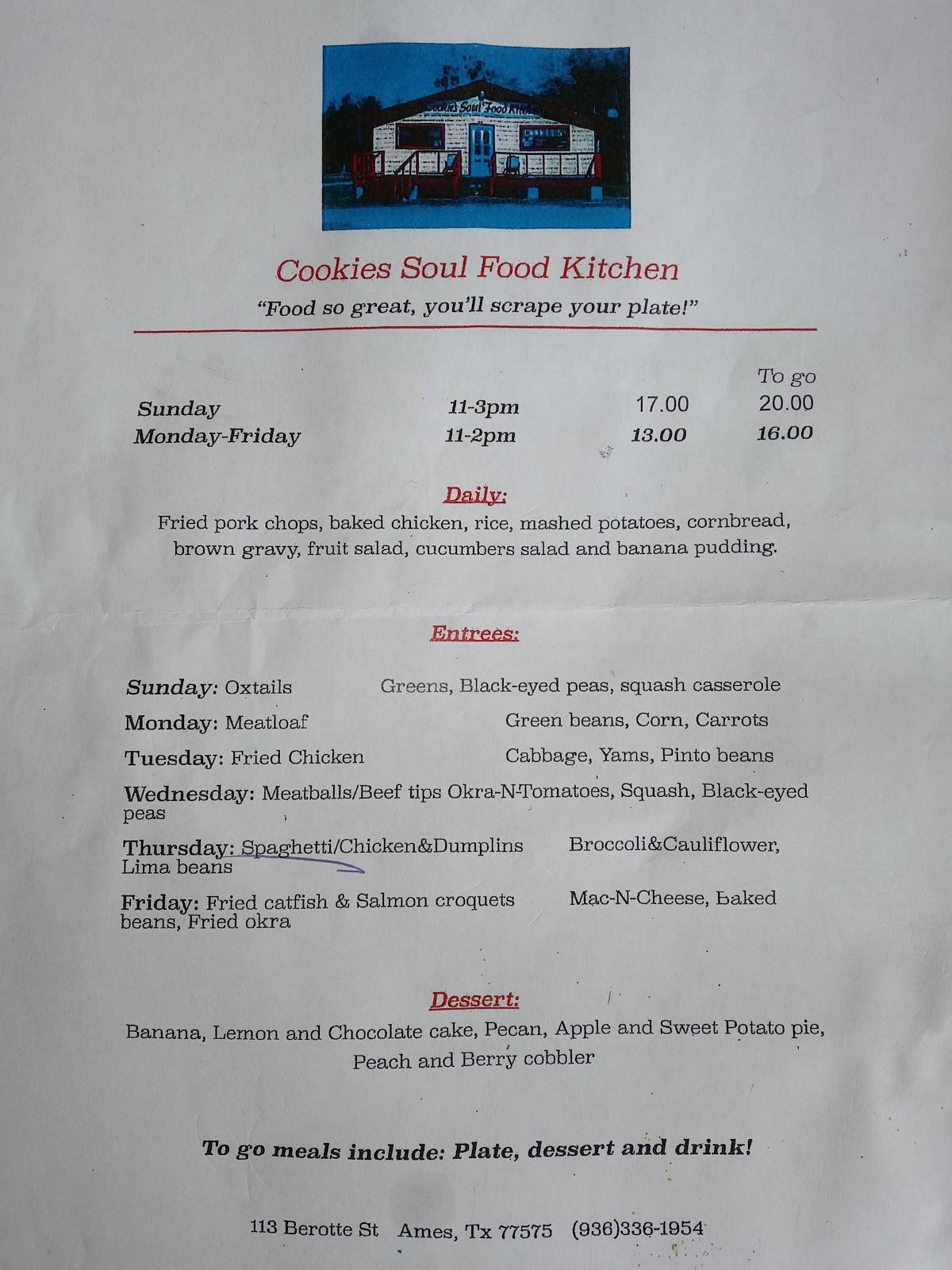 Menu at Cookie's Soul Food Kitchen restaurant, Liberty