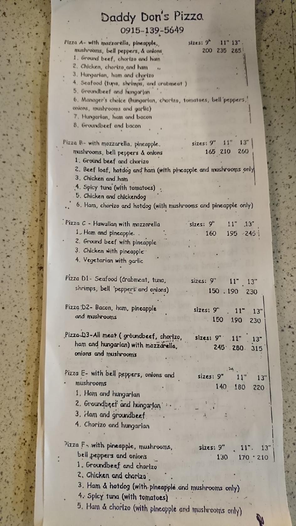 Menu at Daddy Don's Pizza restaurant, Dumaguete