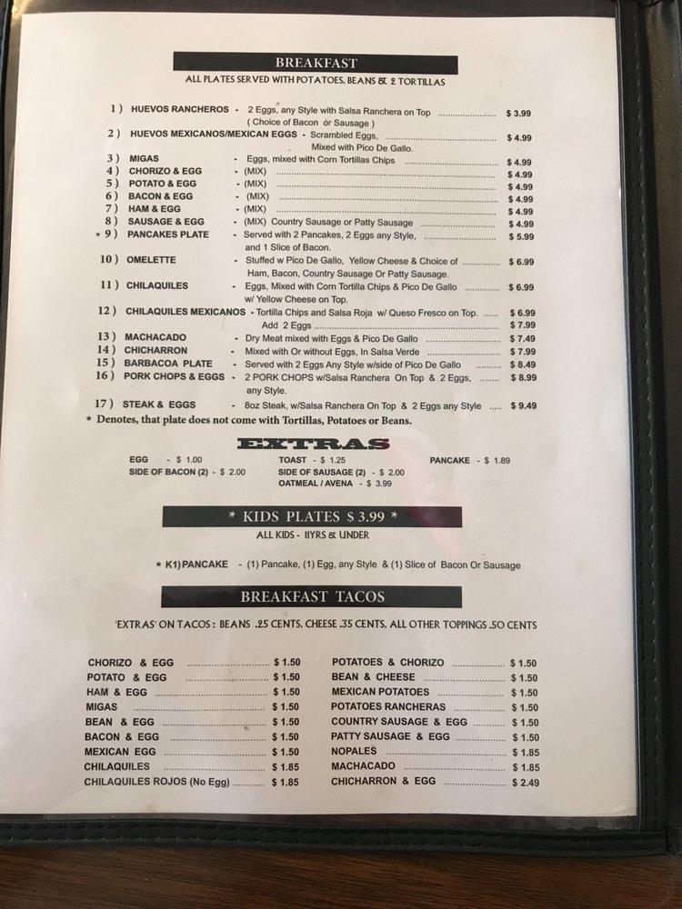 Menu at El Tejano restaurant, New Braunfels