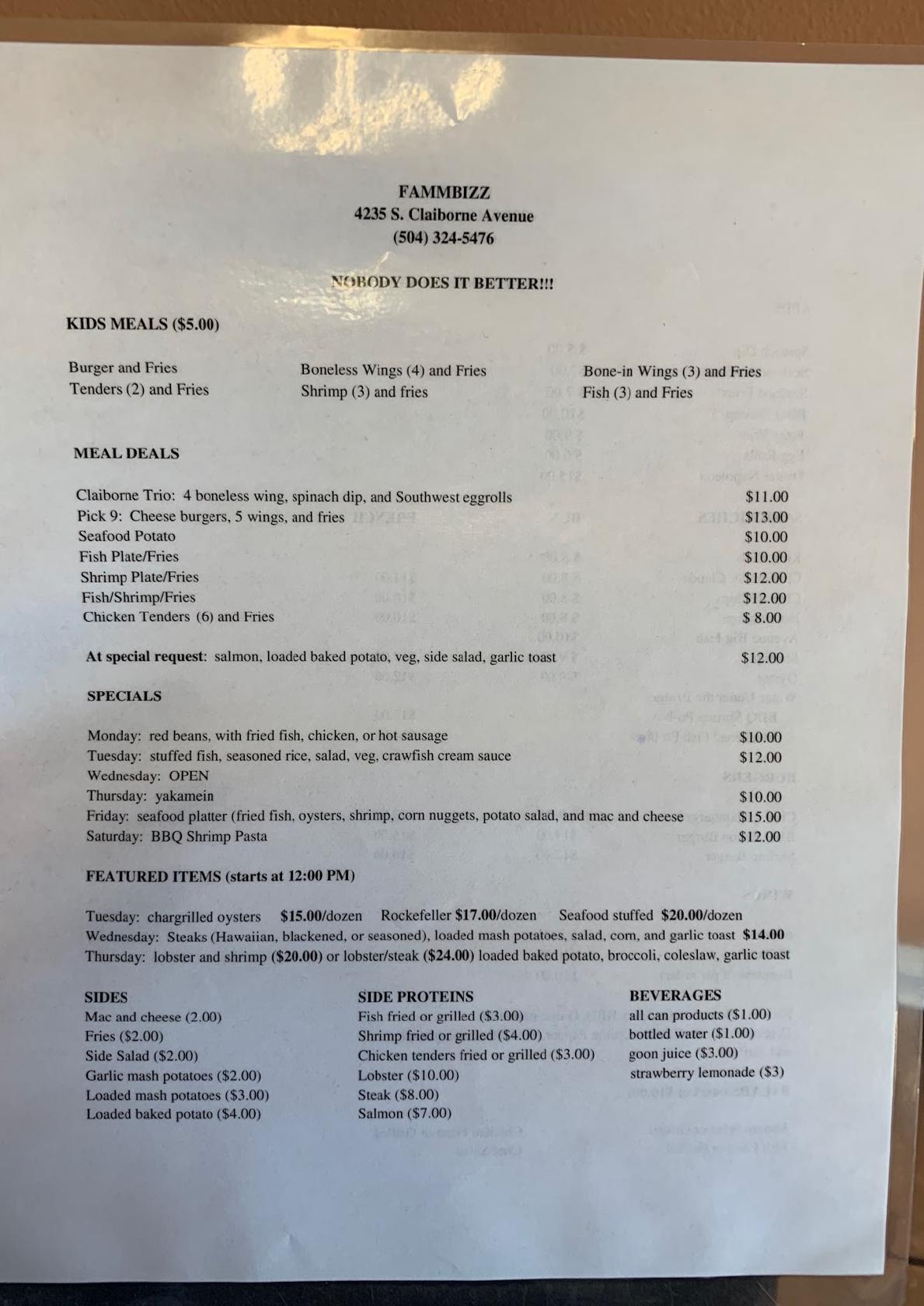Menu at Fam Bizz restaurant, New Orleans, S Claiborne Ave