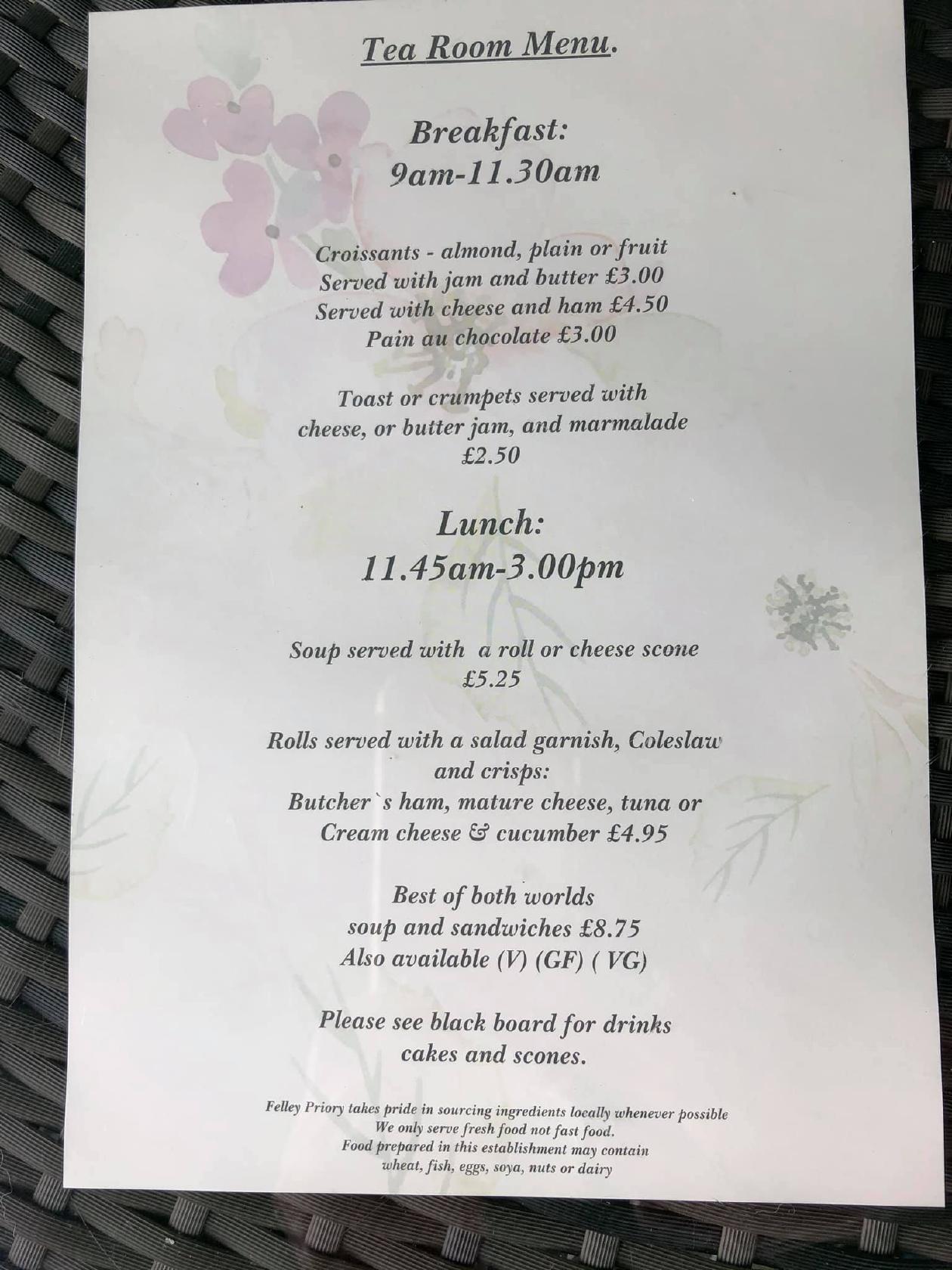 Carta del restaurante Felley Priory Tea Room, Nottingham