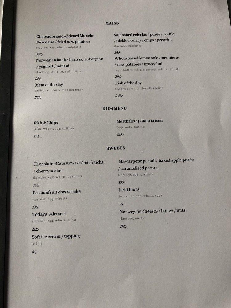 Menu at Grand Hotel Oslo restaurant, Oslo